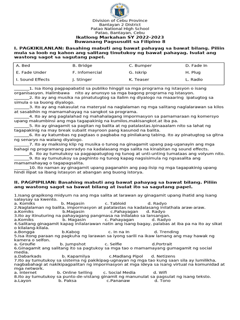 Filipino-Third Monthly Examination | PDF