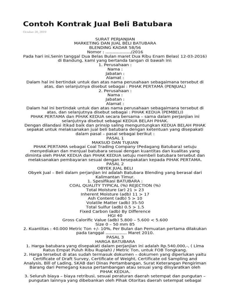 Contoh Kontrak Jual Beli Batubara | PDF