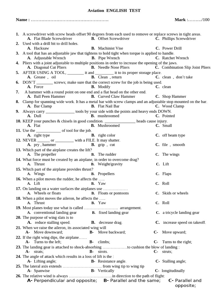 Aviation ENGLISH TEST | PDF | Landing Gear | Flap (Aeronautics)