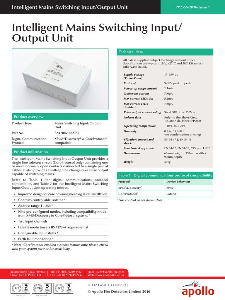 Apollo Intelligent Mains Switching I - O Unit Data Sheet | PDF | Relay | Mains Electricity