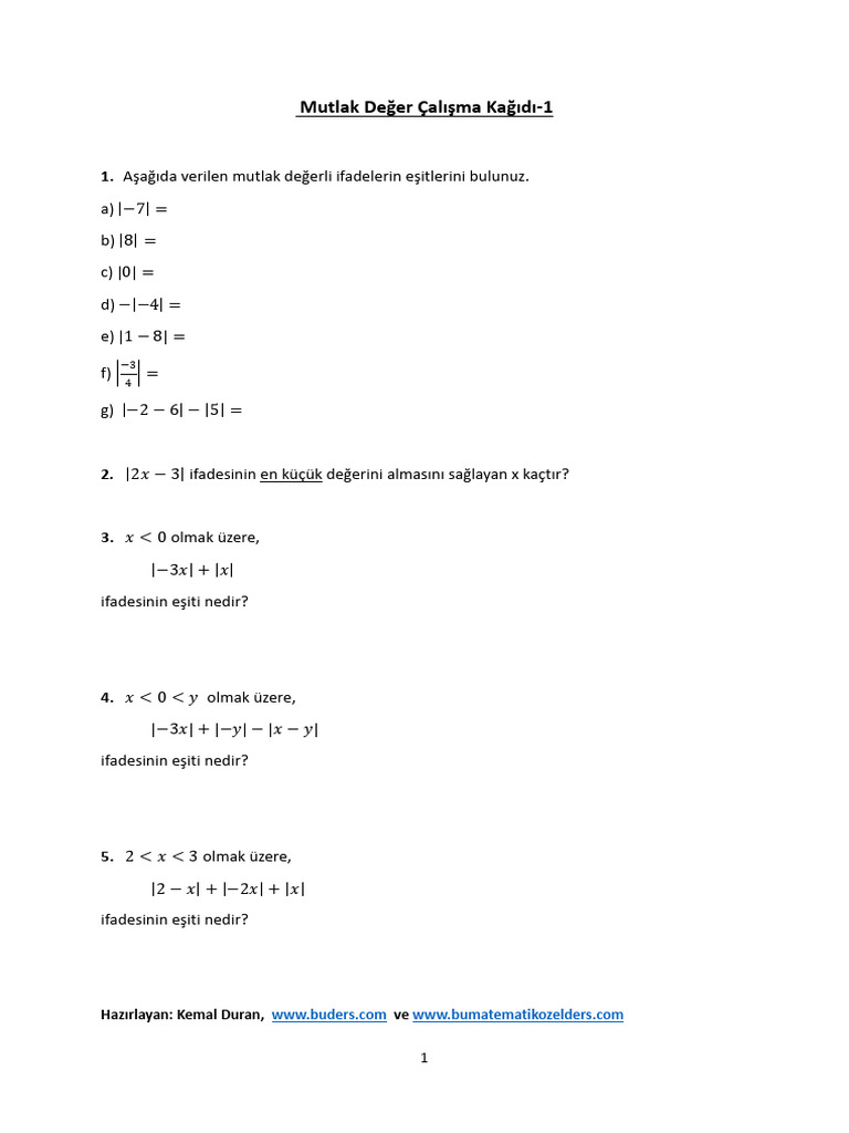 9.Sinif Mutlak Deger Calisma Sorulari | PDF