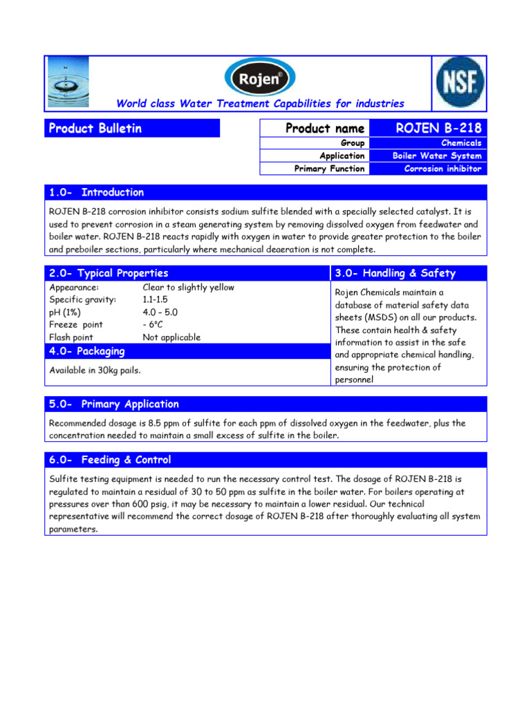 Brosure Rojen b-218 Sulfite Base | PDF | Boiler | Chemistry