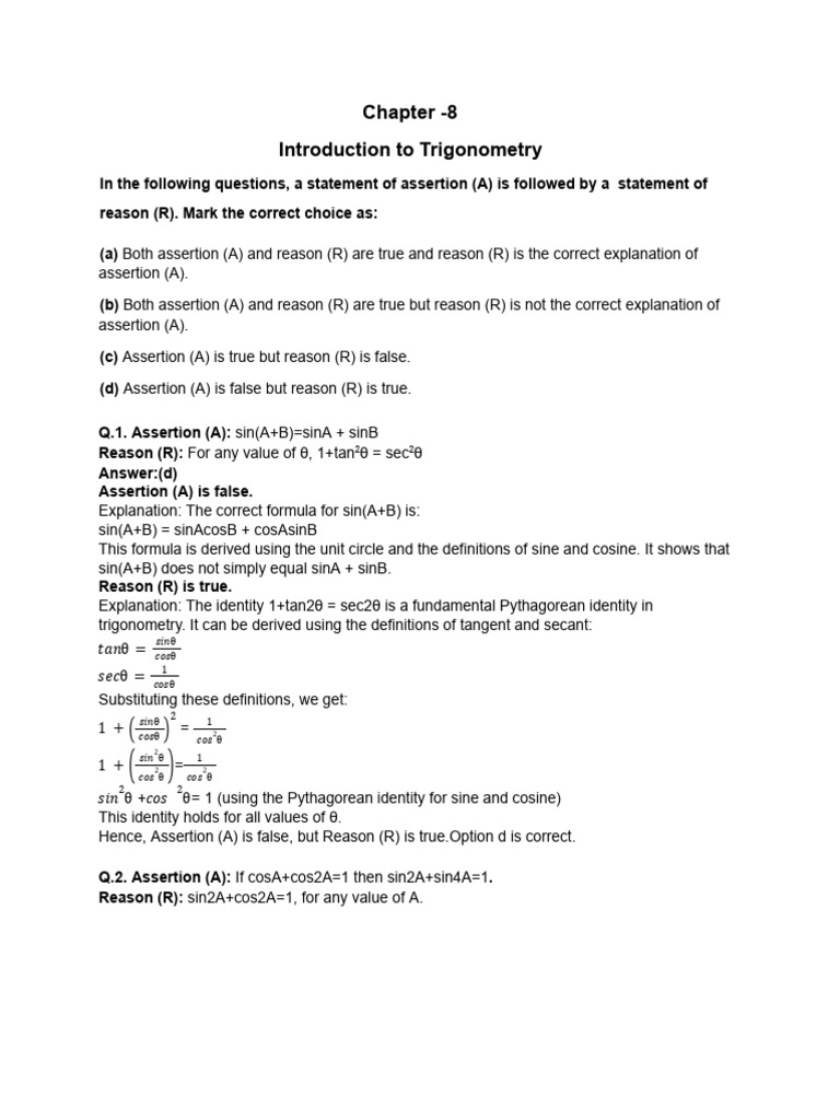 Assertion & Reasoning - 2 | PDF | Trigonometric Functions | Circle