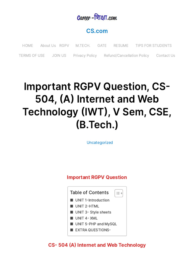 Important RGPV Question, CS - 504, (A) Internet and Web Technology (IWT), V Sem, CSE, (B.tech ...