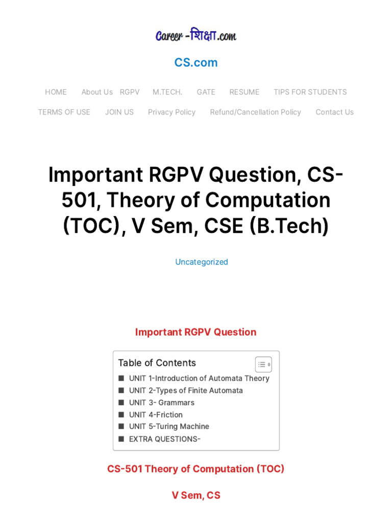 Important RGPV Question, CS-501, Theory of Computation (TOC), V Sem, CSE (B.tech) ? | PDF ...