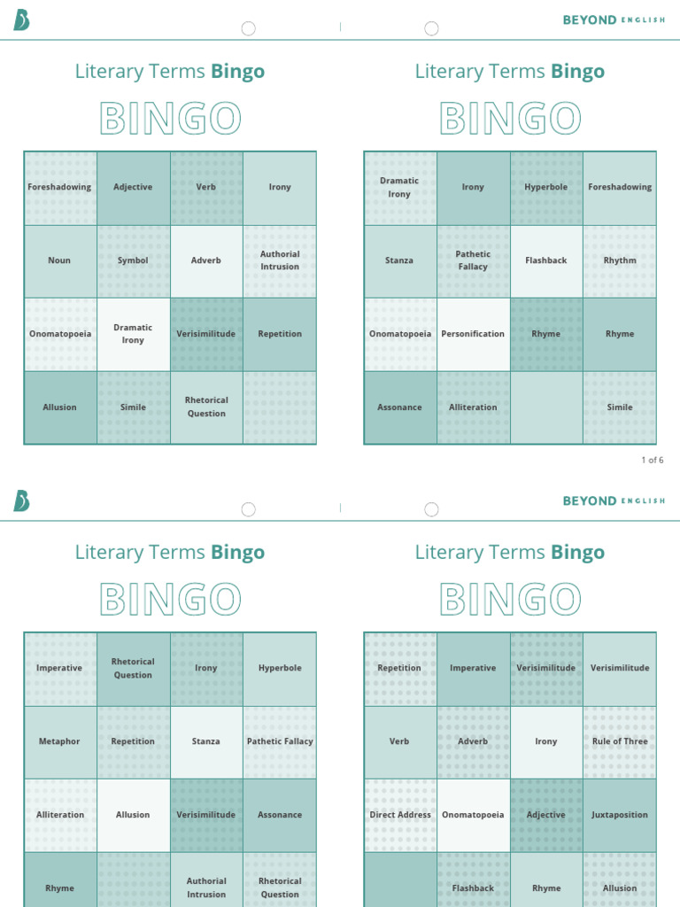 Literary Terms Bingo Player Cards 1 To 12 Higher Ability | PDF | Rhyme | Adverb