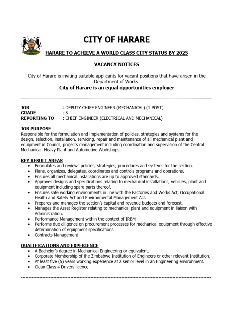 Harare City Engineering Job Vacancies | PDF | Auto Mechanic | Electrician