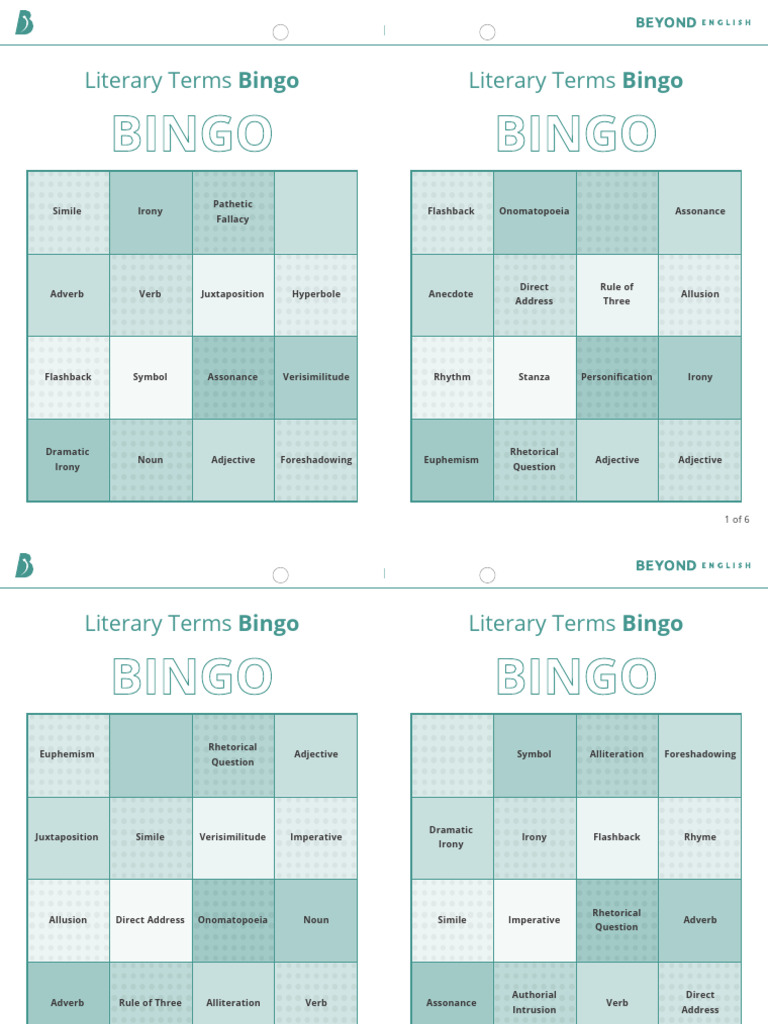 Literary Terms Bingo Player Cards 13 To 24 Higher Ability | PDF ...