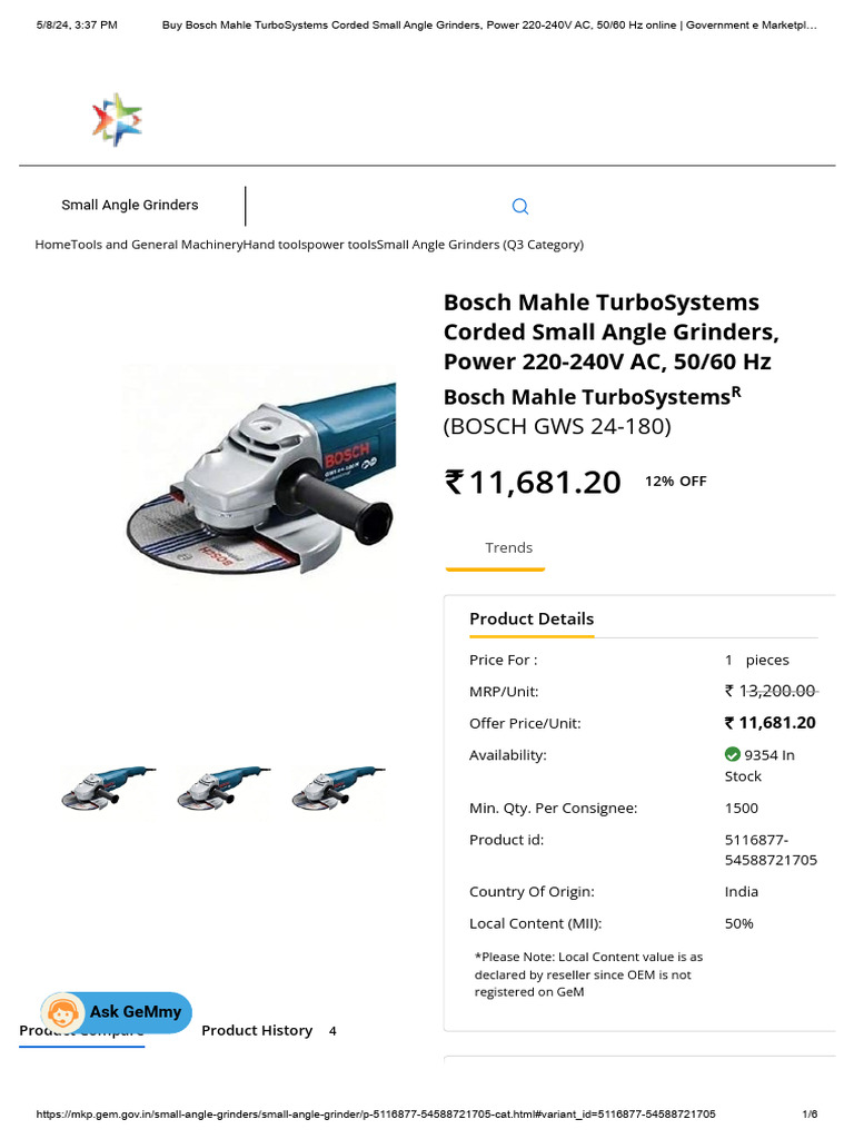 Buy Bosch Mahle TurboSystems Corded Small Angle Grinders, Power 220 ...