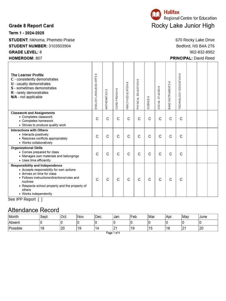 Grade 8 Term 1 Report Card 2024-2025 | PDF | Learning | Teachers