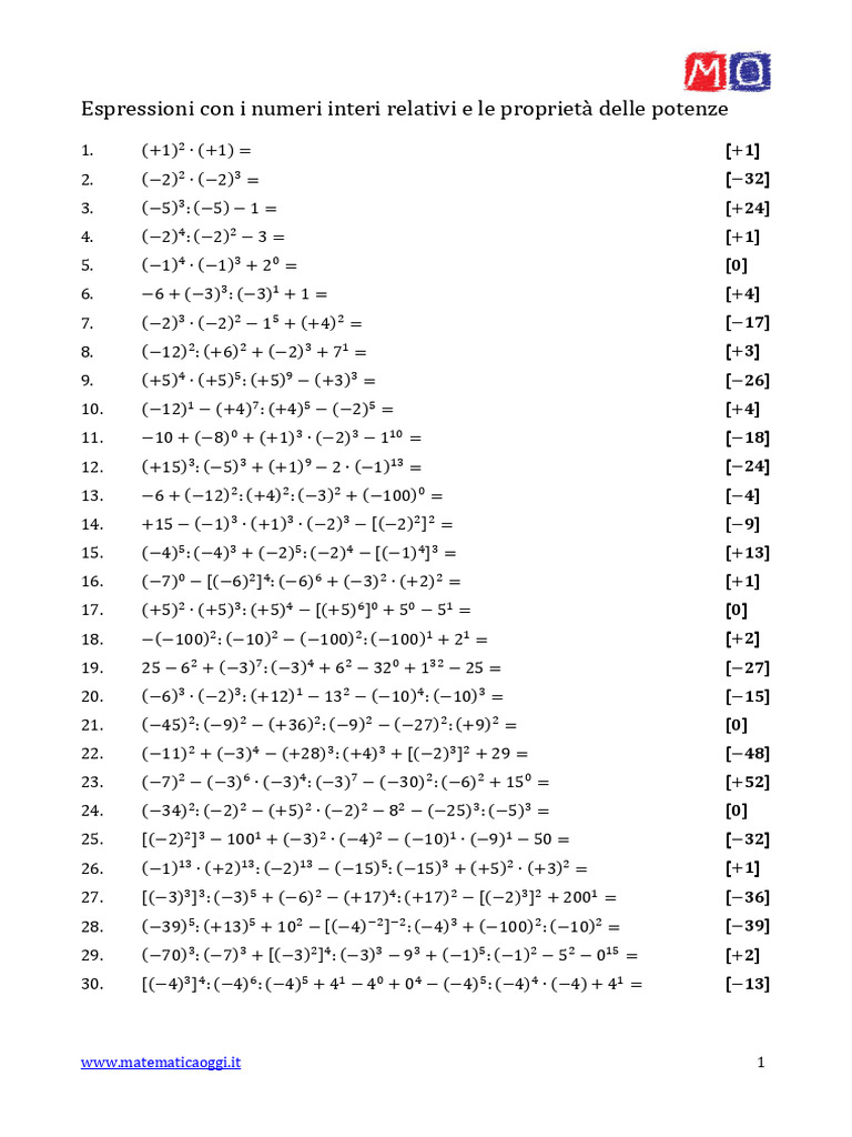 Espressioni Con I Numeri Interi Relativi e Le Proprieta Delle Potenze T ...