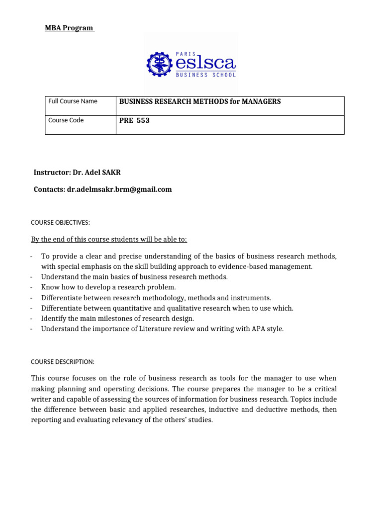 Business Research Methods For Managers Outline | PDF | Methodology | Inquiry