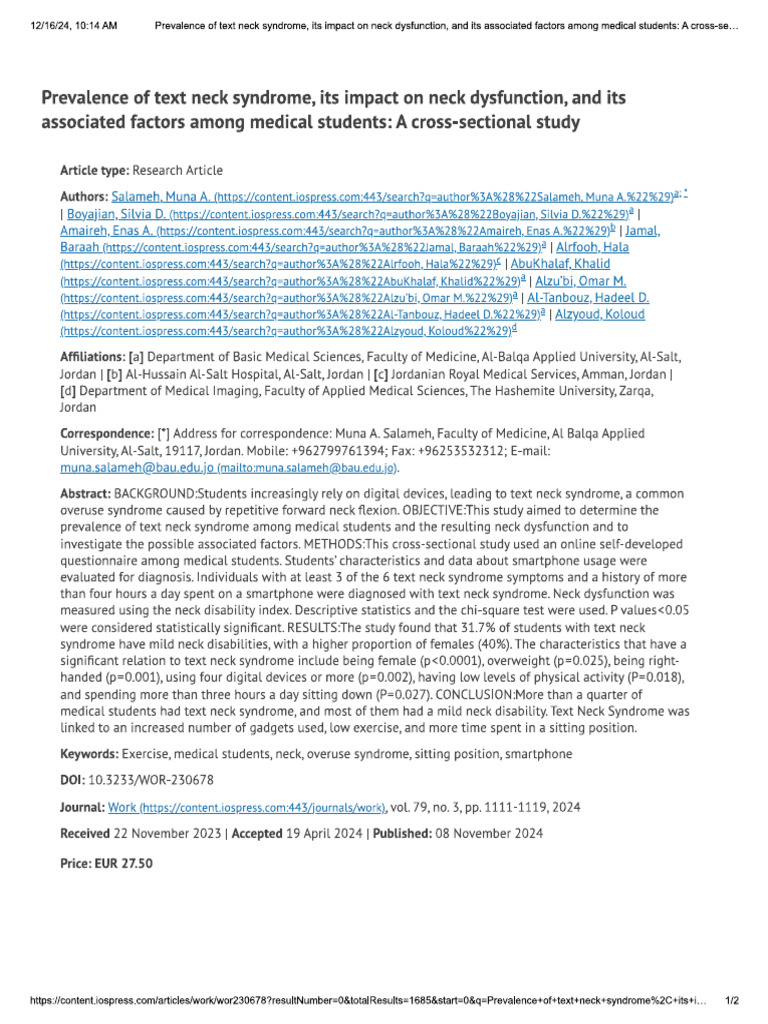 Prevalence of Text Neck Syndrome, Its Impact On Neck Dysfunction, and ...