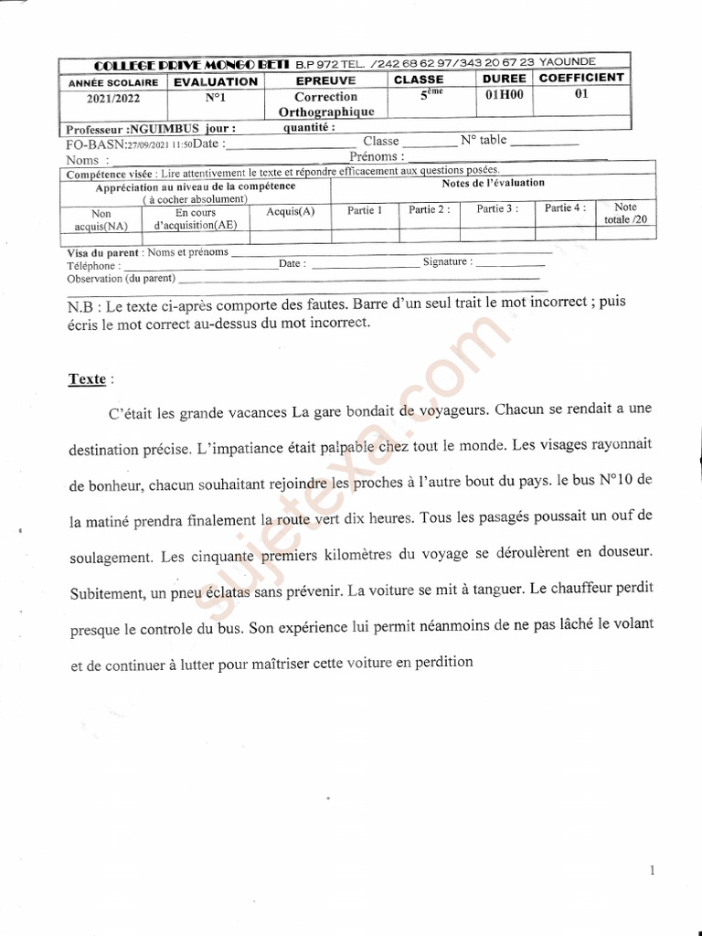 Correction Orthographique - Collège Privé Mongo Beti - Évaluation N°1 - Classe de 5ème ...