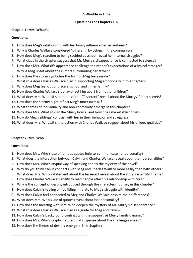 A Wrinkle in Time: Chapters 1-6 Questions | PDF