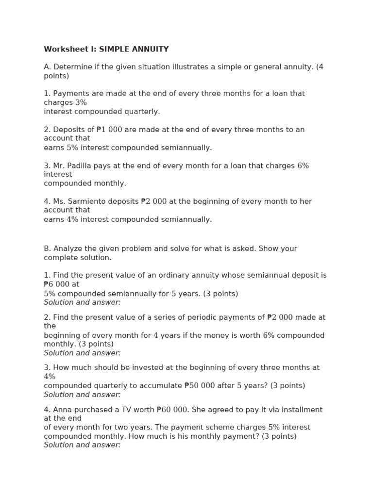 Worksheet On Simple Annuity | PDF