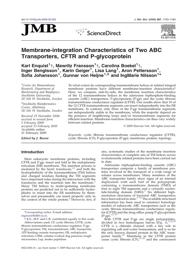 Membrane-Integration Characteristics of Two Abc Transporters CFTR and P ...