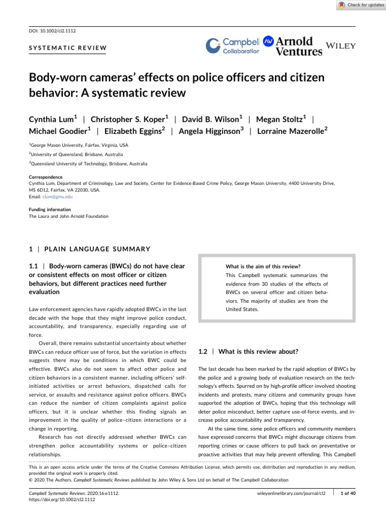Campbell Systematic Reviews - 2020 - Lum - Body Worn Cameras Effects On ...
