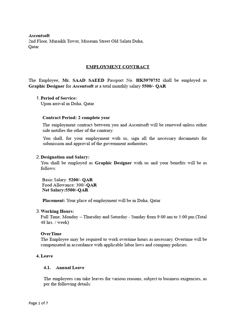 Employment Contract | PDF | Sick Leave | Employment