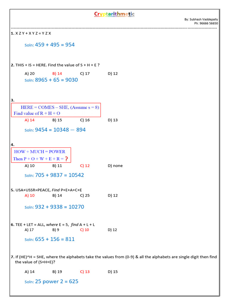Infy Cryptarithmetic - With Solutions | PDF