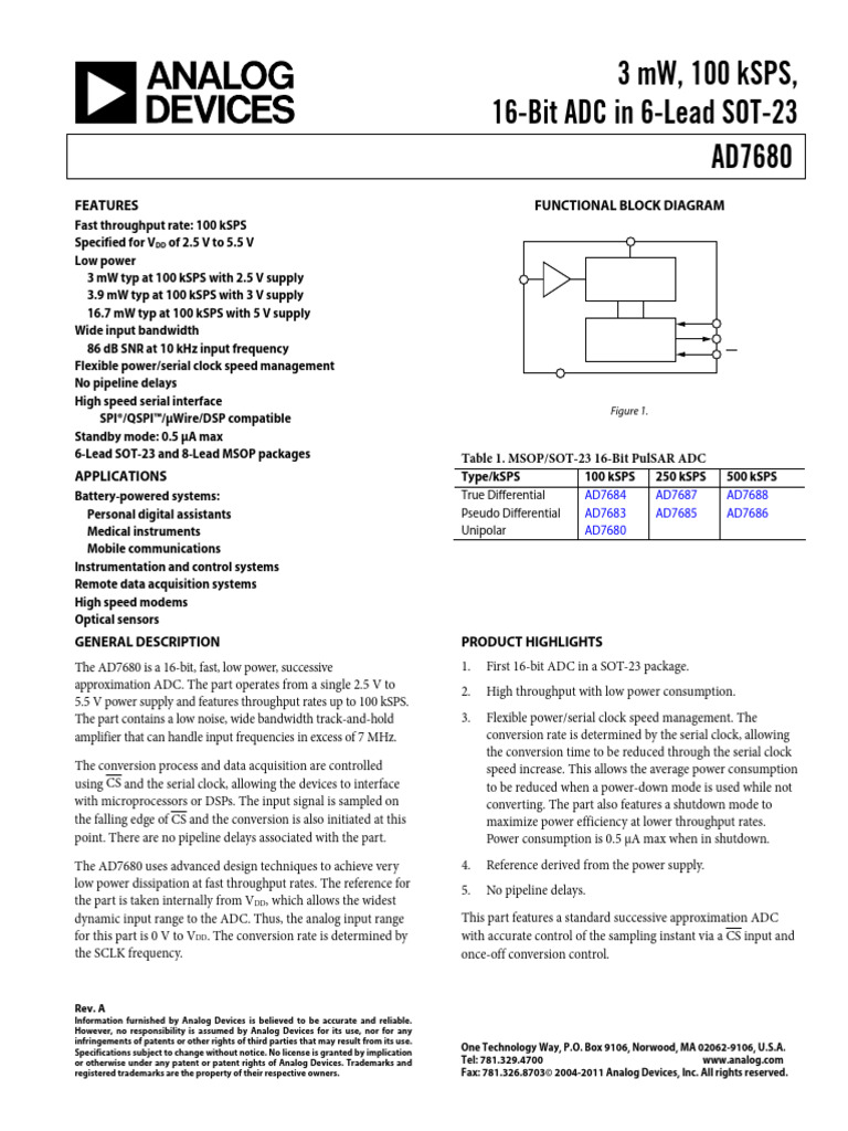 3 MW, 100 KSPS, 16-Bit ADC in 6-Lead SOT-23 AD7680: Features Functional Block Diagram | PDF ...