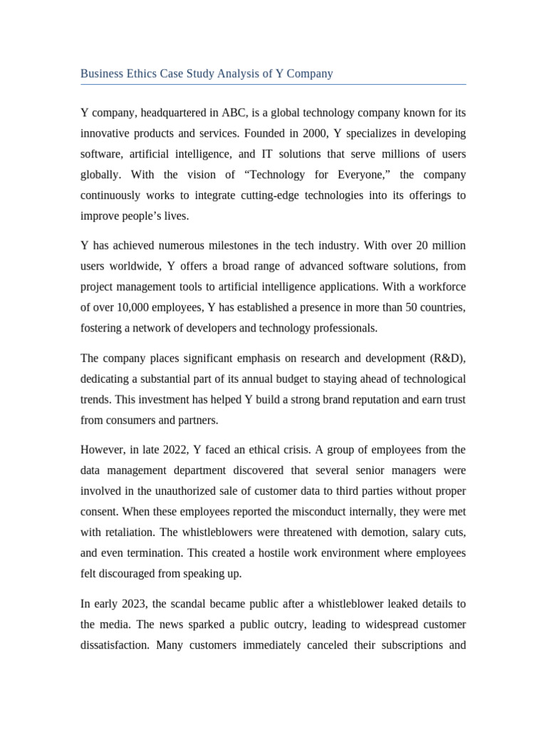 Business_Ethics_Case_Study_Analysis_Y_Company | PDF | Corporate Social Responsibility | Social ...