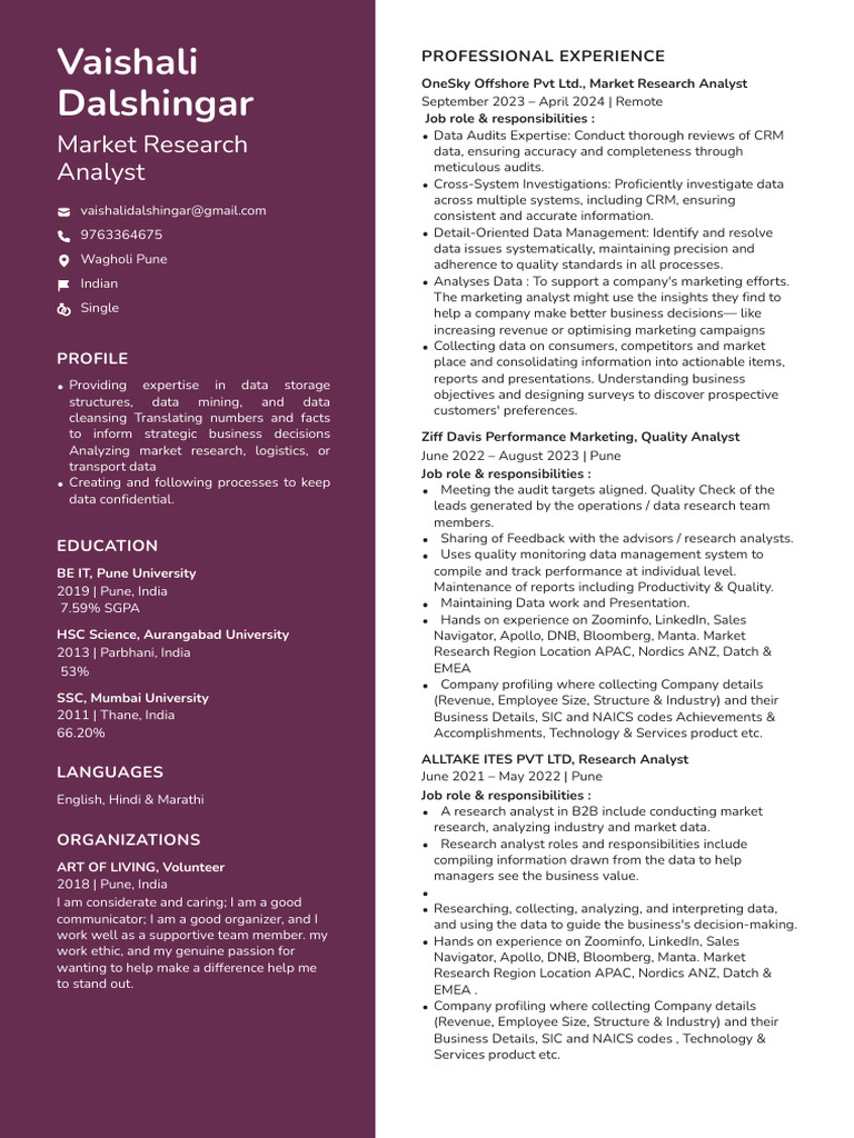 Vaishali-Dalshingar-Resume | PDF | Microsoft Excel | Data Analysis