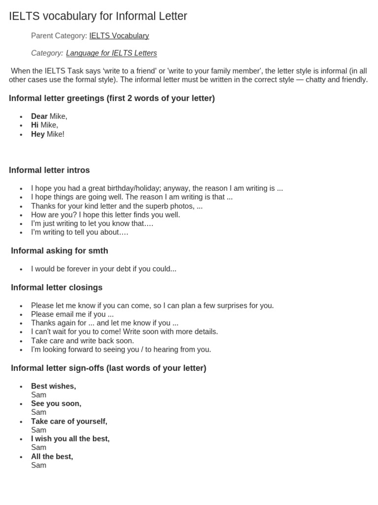 IELTS Vocabulary For Informal Letter | PDF