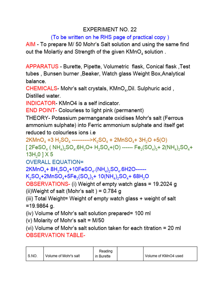 Mohr's Salt Titration Experiment Guide | PDF | Titration | Chemistry