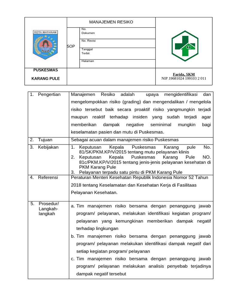 Sop Manajemen Resiko | PDF