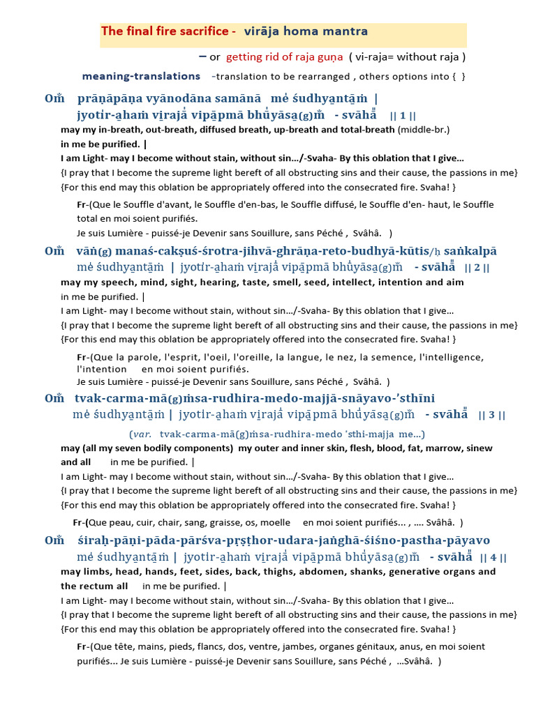 Viraja Homa - The Final Fire Sacrifice-Meanings | PDF | Mantra | Vedas