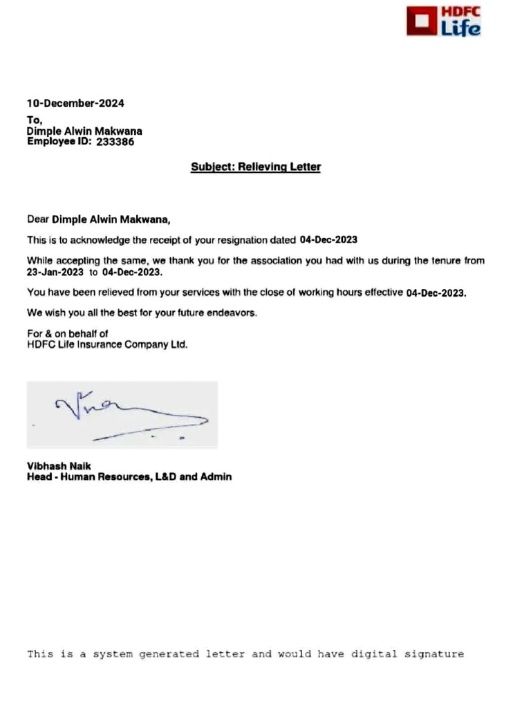 Relieving Letter for Dimple Makwana | PDF