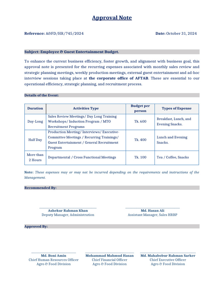 13. Approval Note - Monthly Sales Review Weekly Production Meetings and ...