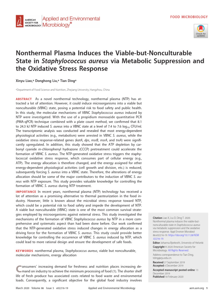 Liao Et Al 2020 Nonthermal Plasma Induces The Viable But Nonculturable ...