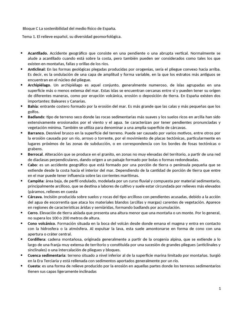 Glosario Tema 1 Relieve | PDF | Montañas | Terreno