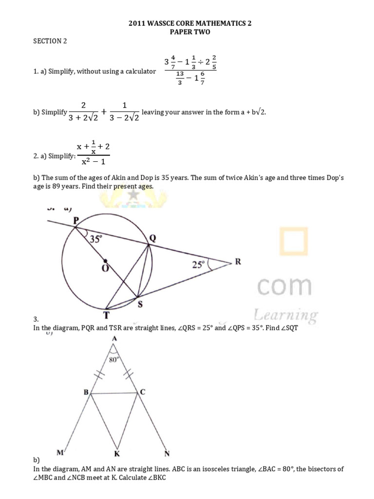 2011 Wassce Core Mathematics 2 | PDF | Circle | Quadratic Equation
