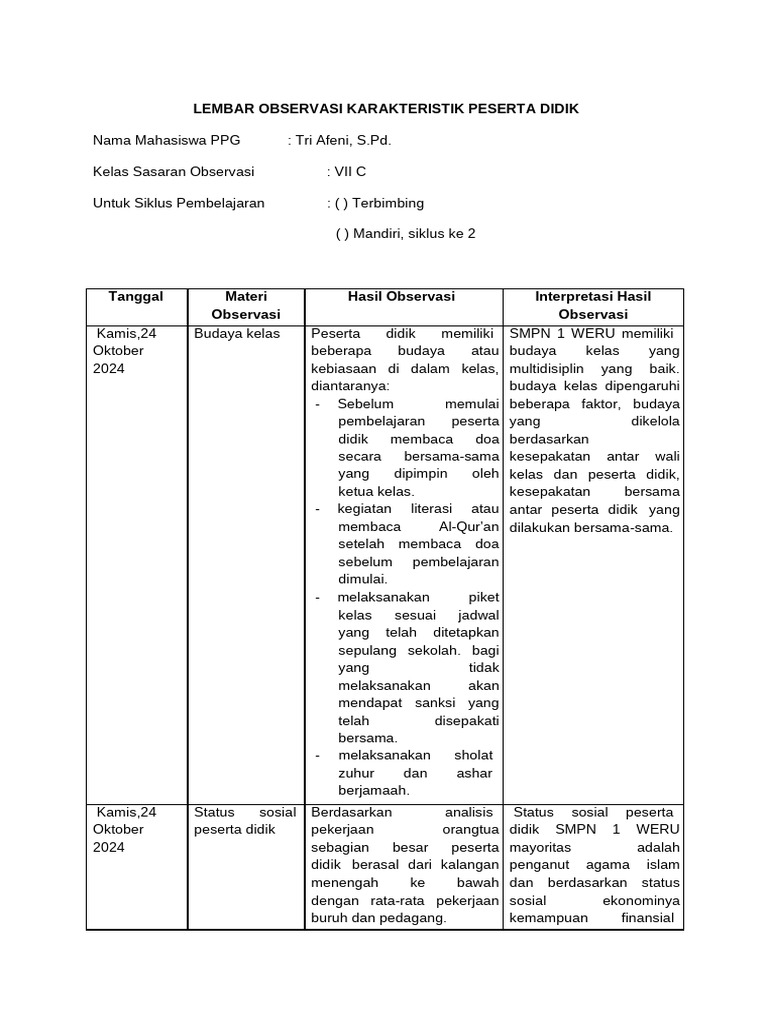 01.05.6-B4-8 Unggah LK 2b - Lembar Observasi Karakteristik Peserta Didik - Siklus 2 | PDF