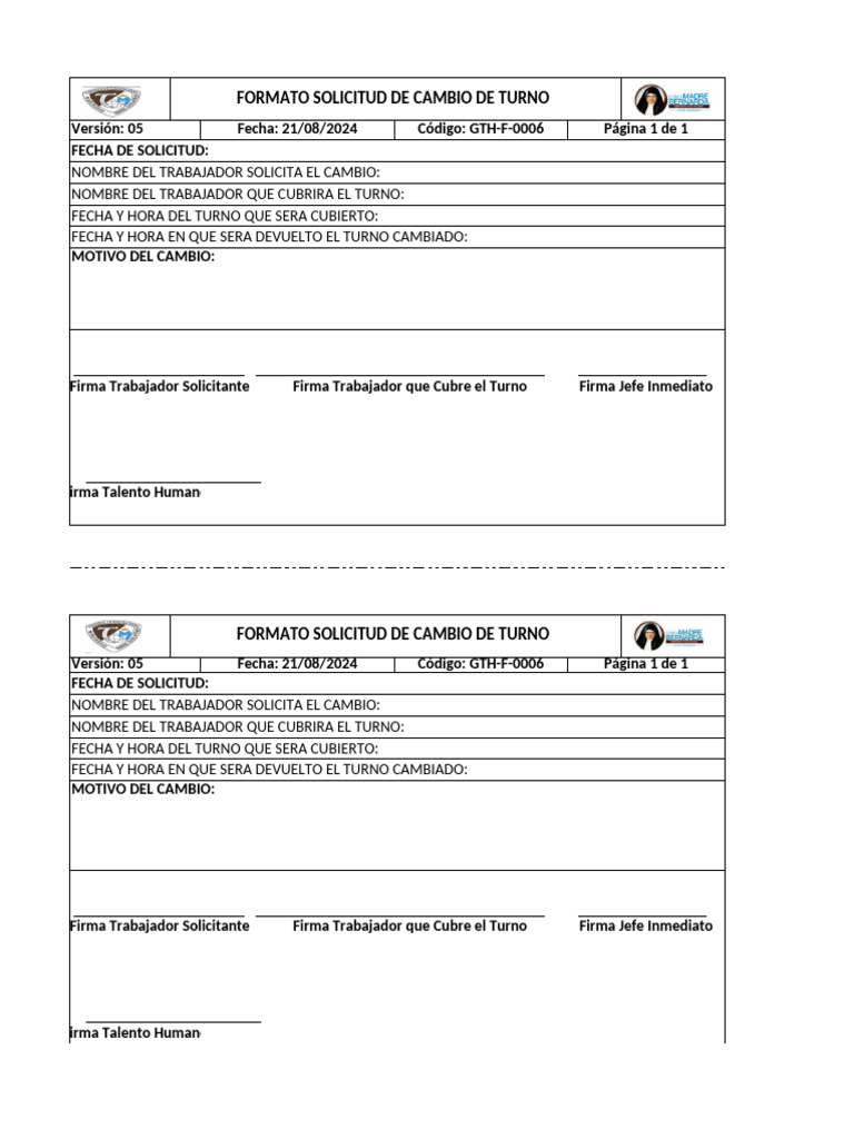Formato Cambio de Turno Laboral | PDF