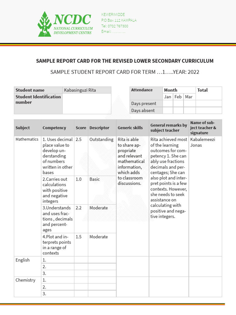 Sample Report Card For LSC | PDF | Learning | Cognition