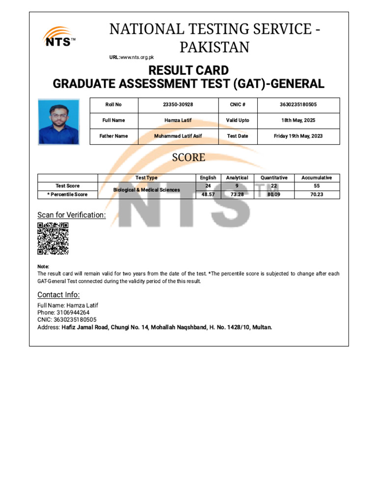 M Hamza Latif GAT Result | PDF