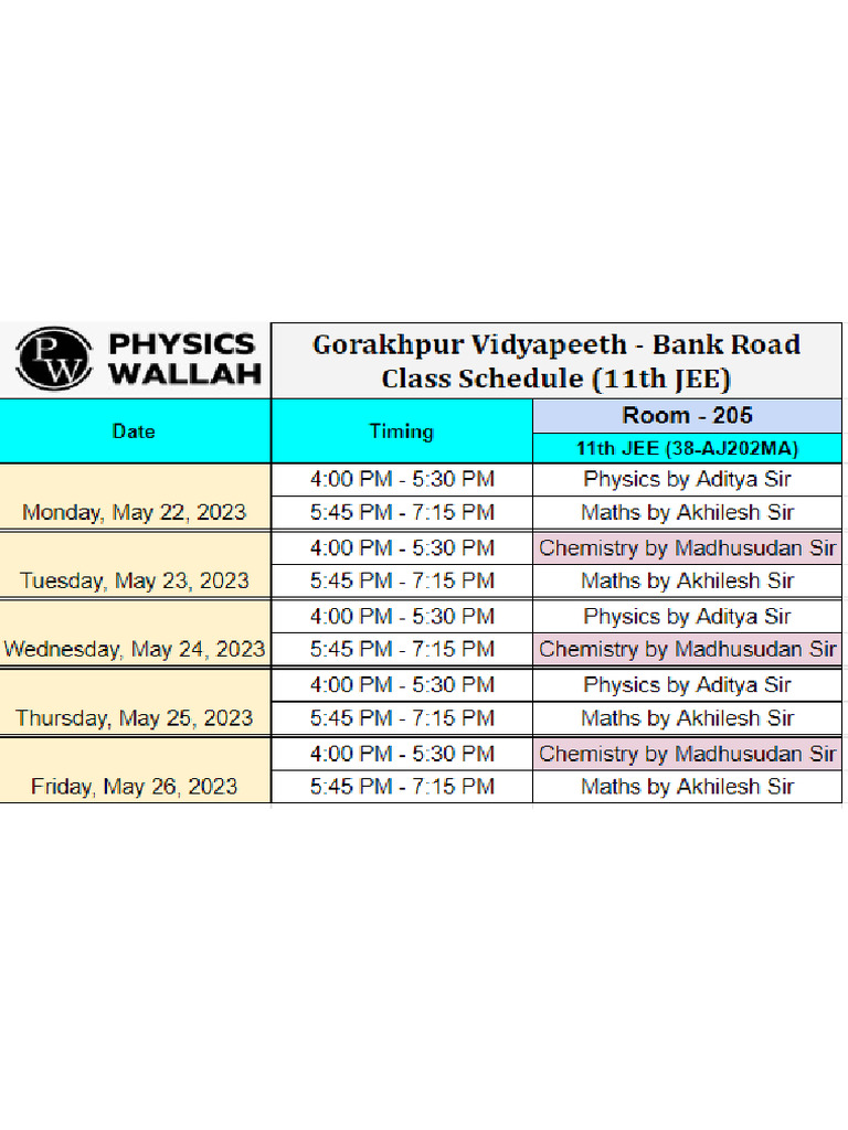 Weekly Class Schedule - Time Table | PDF