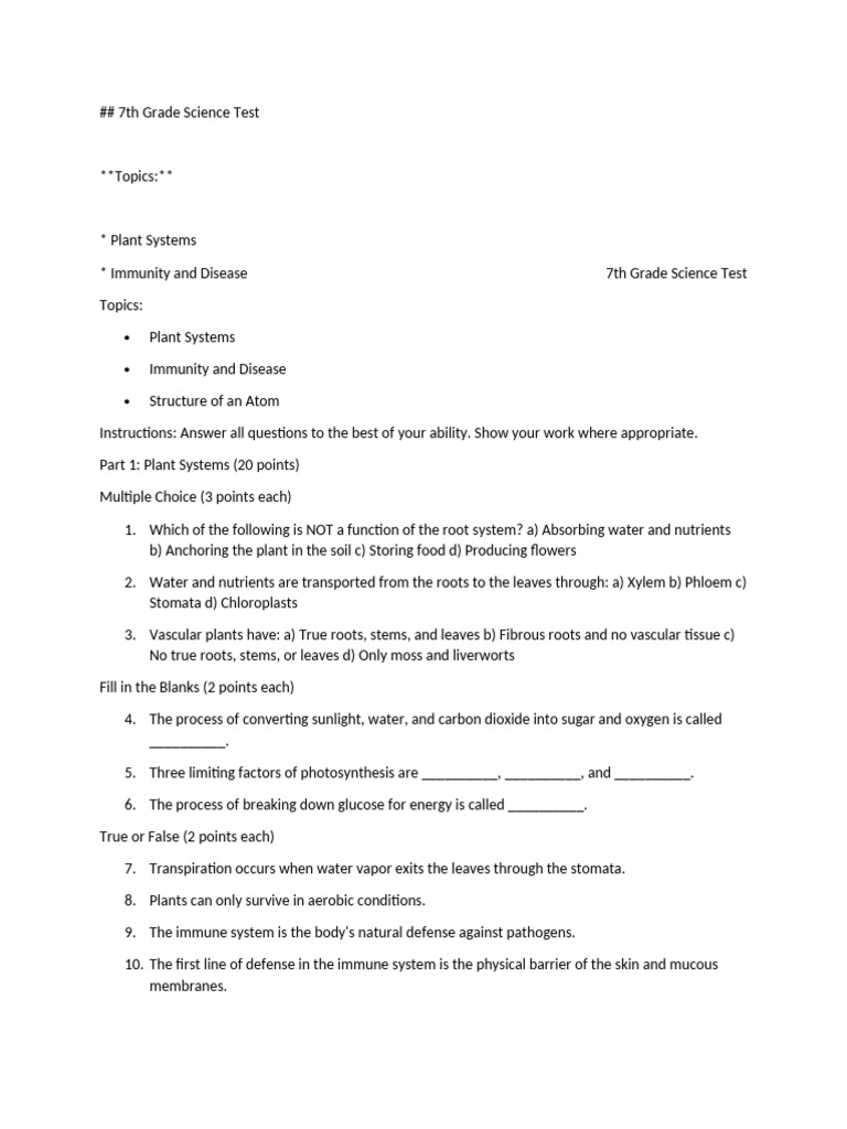 7th Grade Science Test | PDF | Atoms | Atomic Nucleus