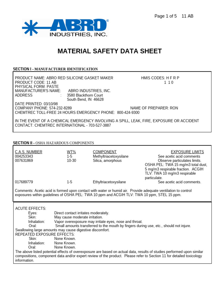 Abro 11AB Red silicone | PDF | Hazardous Waste | Personal Protective Equipment