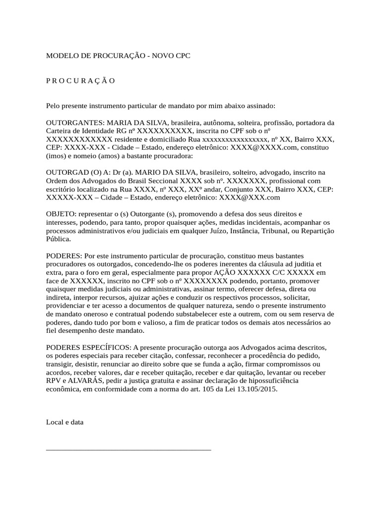 Modelo de Procuração - Novo Cpc | PDF | Advogado | Justiça