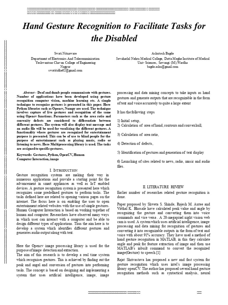 Gesture Recognition for Disabled Users | PDF | Area | Computing