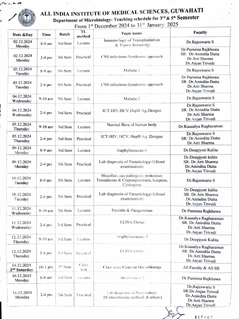 Lecture Schedule UG Dec 2024 & Jan 2025 | PDF