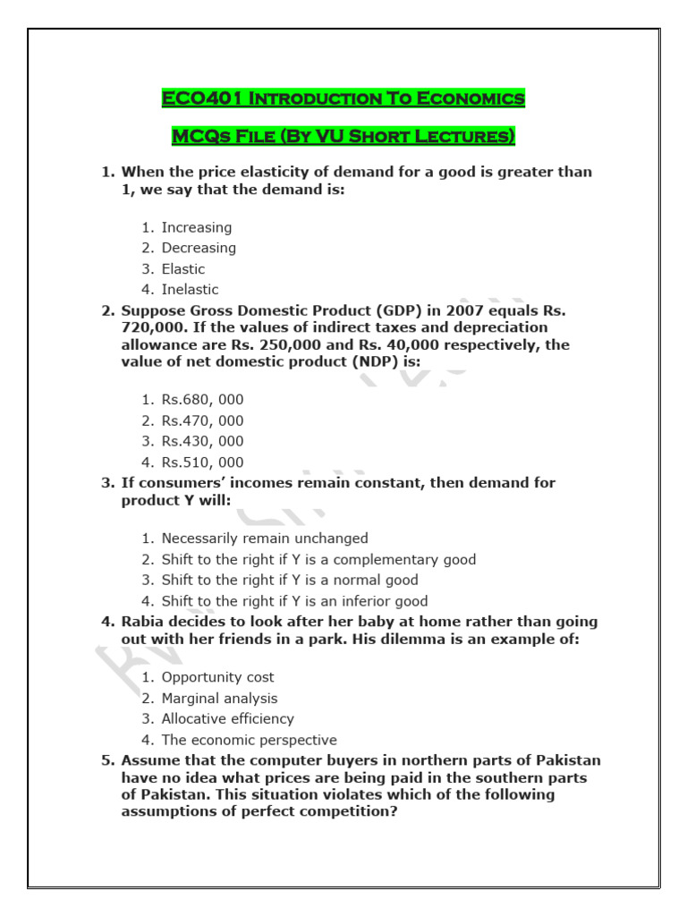 Eco401 Mcqs File (Mids) | PDF | Demand | Elasticity (Economics)