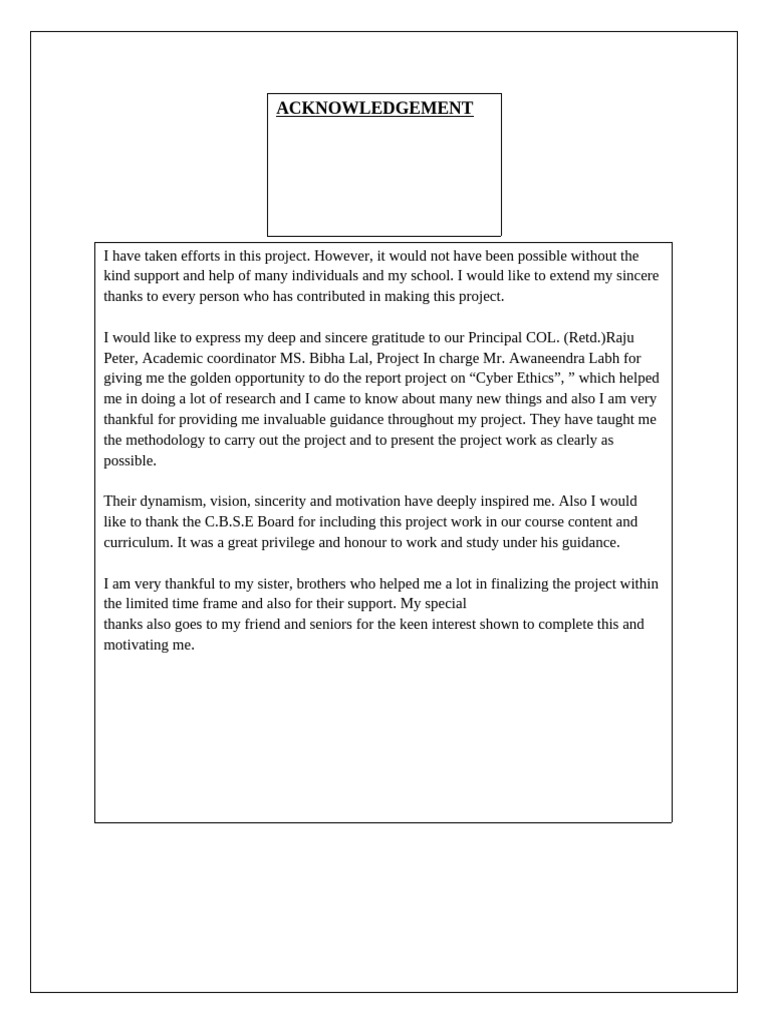 Acknowledgement for Cyber Ethics Project | PDF