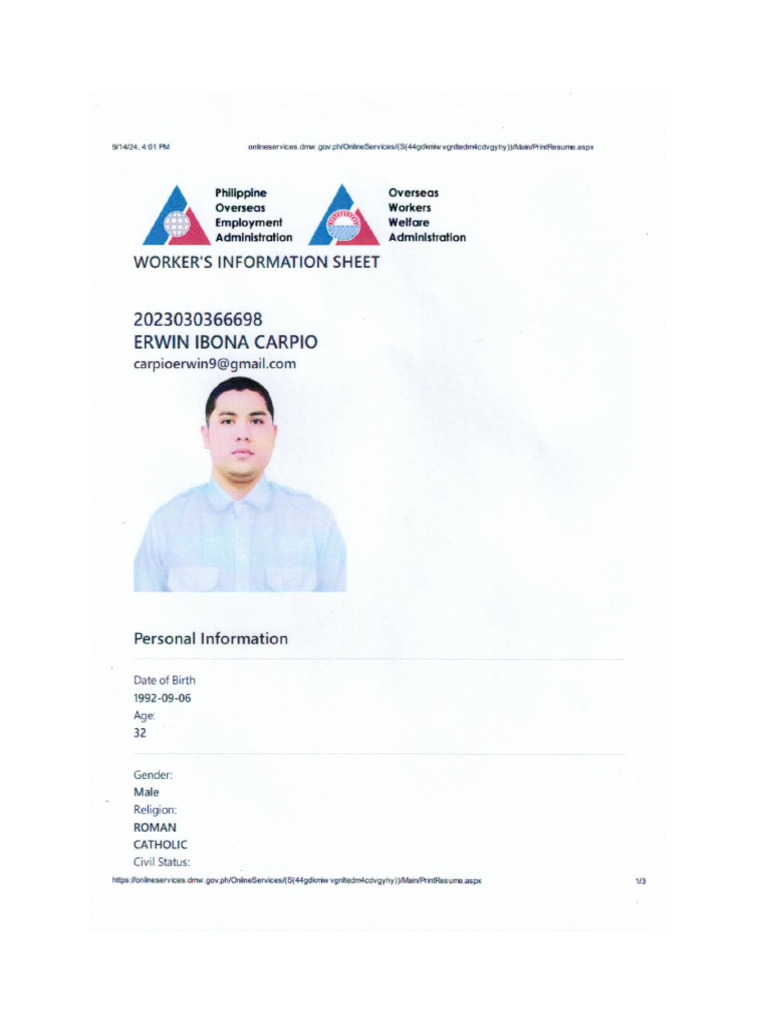 Poea-Worker-Information-Sheet 24000202798 20240915155808 7389 | PDF