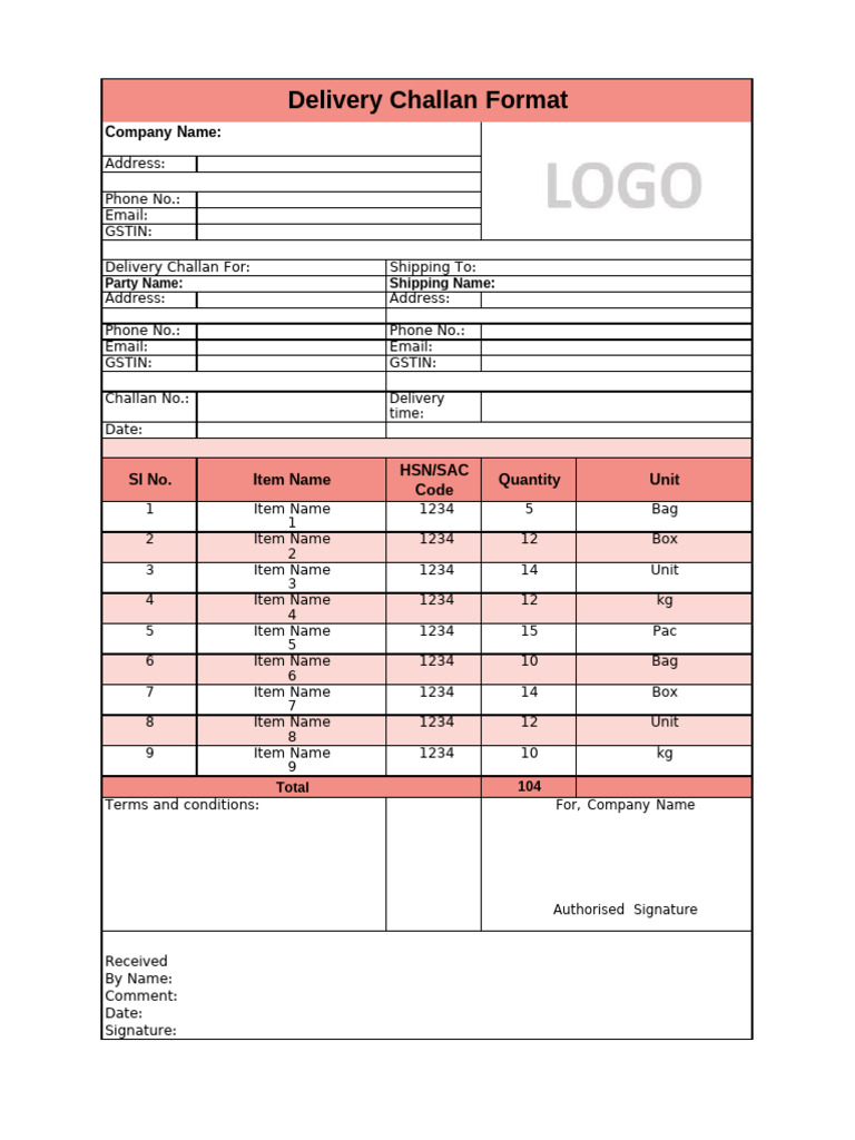 Delivery Challan Template in Word Format | PDF